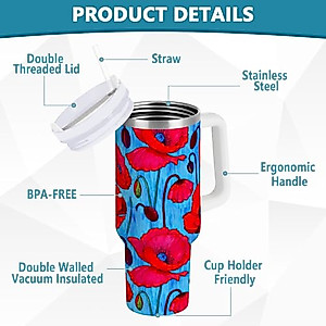 ODAWA 40oz Red Poppies Blue Insulated Tumbler Cup with Handle and Straw Lid, Vacuum Insulated Tumbler