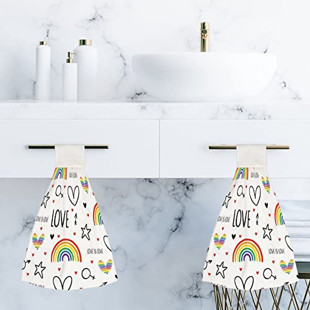 Kitchen Hanging Hand Towels Love is Love Pride Month Bathroom Soft Hanging Tie Towel with Loop Super Absorbent Machine Washable,2 Pack