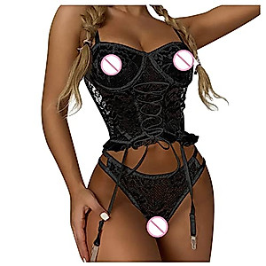 Black Lingerie for Women, Red Outfits Women Erotic Lingerie Lengerie Bodysuit Women's Sexy Solid Color Lace Hollow See-Through Underwear Two-Piece Suit Nightgown 2 Peice Outfit (3XL, Black)