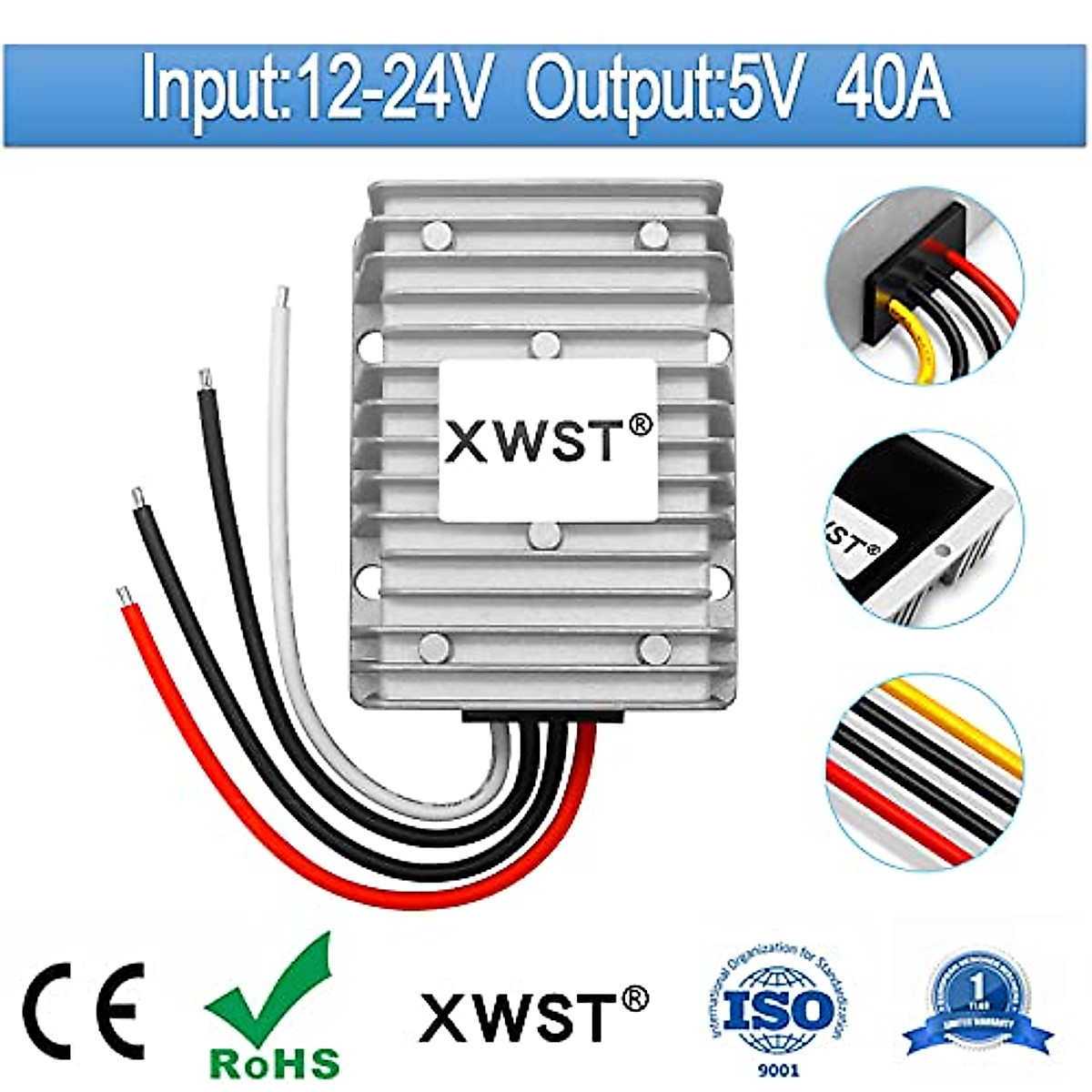 XWST DC 12V 24V Step Down to 5V 40A 200W Converter Voltage Reducer, 5Volt regulator Waterproof DC/DC Buck Transformer Power Supply