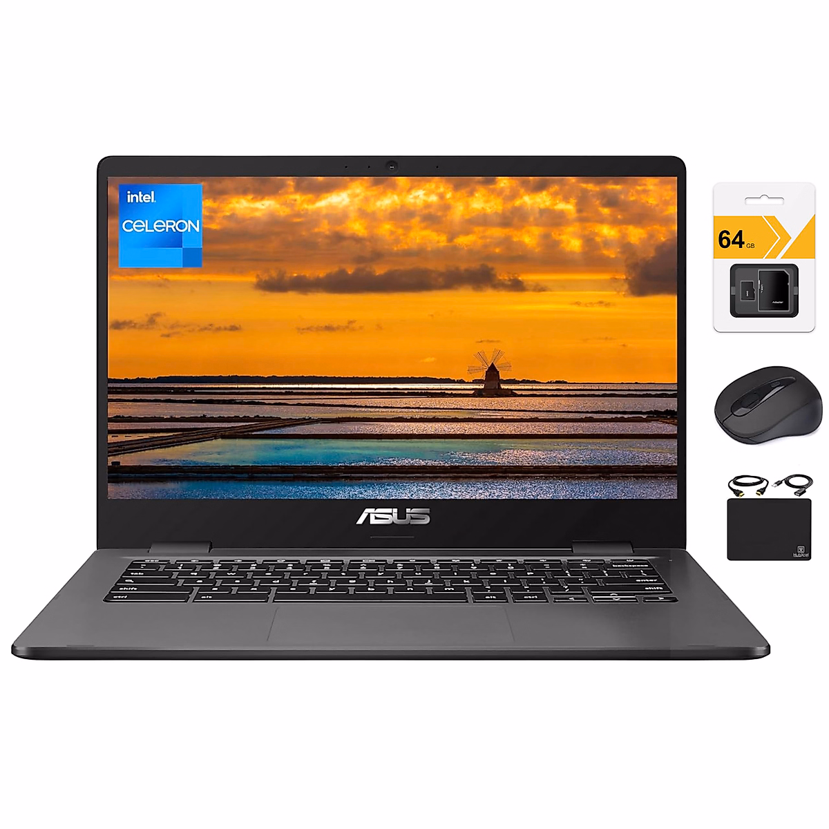 asus Chromebook Thin Light Laptop, 14'' HD Nano-Edge Display, Intel Celeron N3350 (Upto 2.4GHz), 4GB RAM, 96GB Storage (32GB eMMC +64GB SD),Webcam, WiFi, Long Hour Battery, Chrome OS+HubxcelAccessory