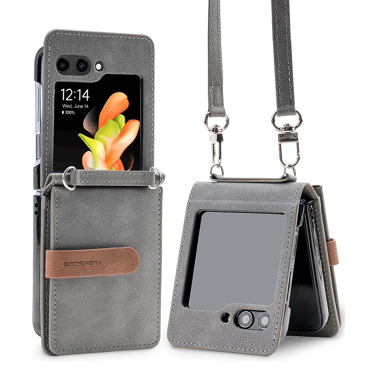 GOOSPERY Wallet Case Compatible with Galaxy Z Flip 5 Case, Detachable Card Holder 2 Card Pocket Storage Premium PU Leather Adjustable Cross-Body Strap Attached Earbud Cord Organizer - Grey