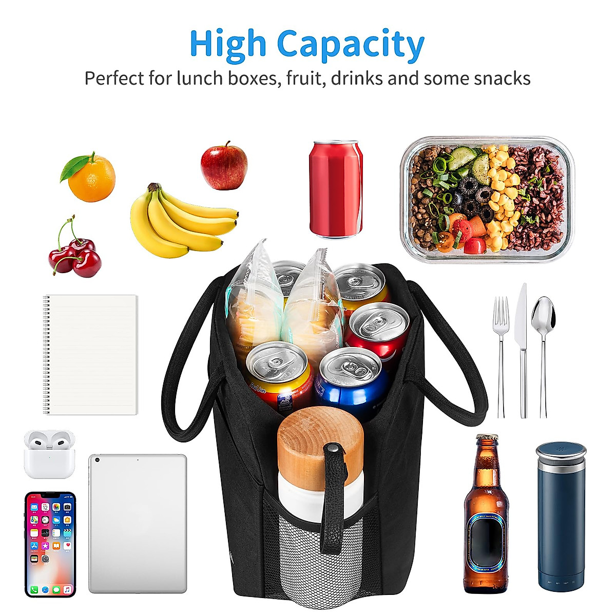 DALINDA Lunch Bag Lunch Box for Women Men Reusable Insulated Lunch Tote Bag,Leakproof Thermal Cooler Sack Food Handbags Case High Capacity forTravel Work School Picnic- Black
