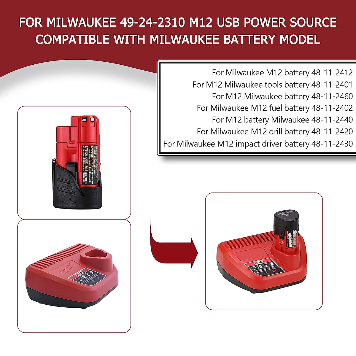 USB Power Source for Milwaukee 49-59-1201 M12 N12 USB Power Charger Adaptor 10.8V/12V Heated Jackets Li-Ion Battery USB Device Charging Adapter LaiPuDuo -Battery Not Included