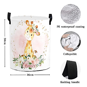 Floral Jungle Giraffe Personalized Laundry Basket Clothes Hamper with Handles Waterproof,Custom Collapsible Laundry Storage Baskets for Bedroom,Bathroom Decorative Large Capacity