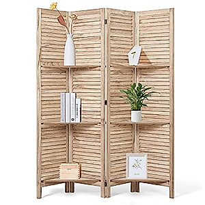 Vicluke 4 Panels Room Divider with 3 Removable Storage Shelves, 5.6 FT Folding Privacy Screen, Wood Portable Wall Divider for Home, Office, Restaurant(Natural)