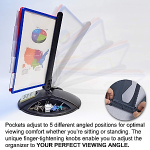 Ultimate Office AdjustaView 10-Pocket Desk Reference Organizer with Supplies Storage Base and EZ-Load Pockets to Hold 20 Sheets of Paper, Includes Fast Find Indexing Tabs (Colored Pockets)