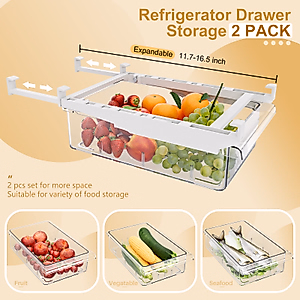 2 Pack Refrigerator Drawer Organizer, Pull Out Refrigerator Shelf Storage Drawer Organizer, Transparent Fridge Organizer for Egg, Fruit, Vegetable, Seafood, Meat, Fit All Fridge Shelves Under 0.6''