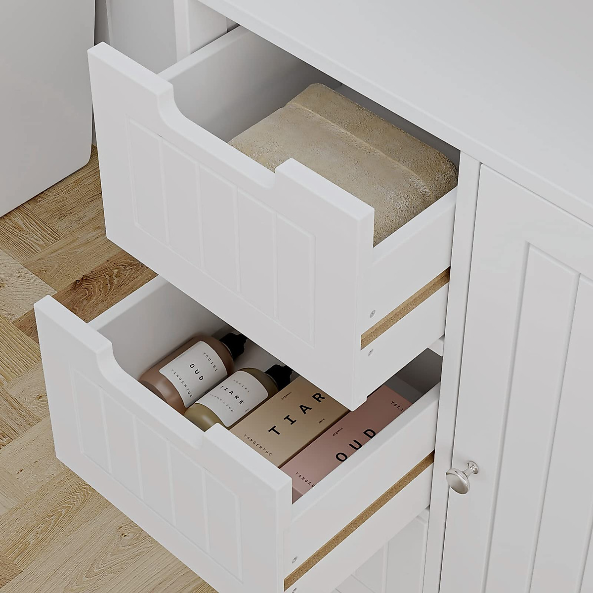 HORSTORS Bathroom Floor Cabinet, Free Standing Storage Cabinet with 3 Drawers and 1 Door & Adjustable Shelf, Modern Entryway Cupboard for Home Office, White