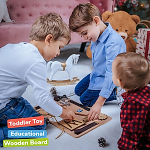 deMoca Montessori Busy Board for Toddlers, Wooden Toy with 10 Educational Activities to Develop Fine Motor Skills, Airplane & Car Travel Toy for Boys & Girls - Packaging May Vary