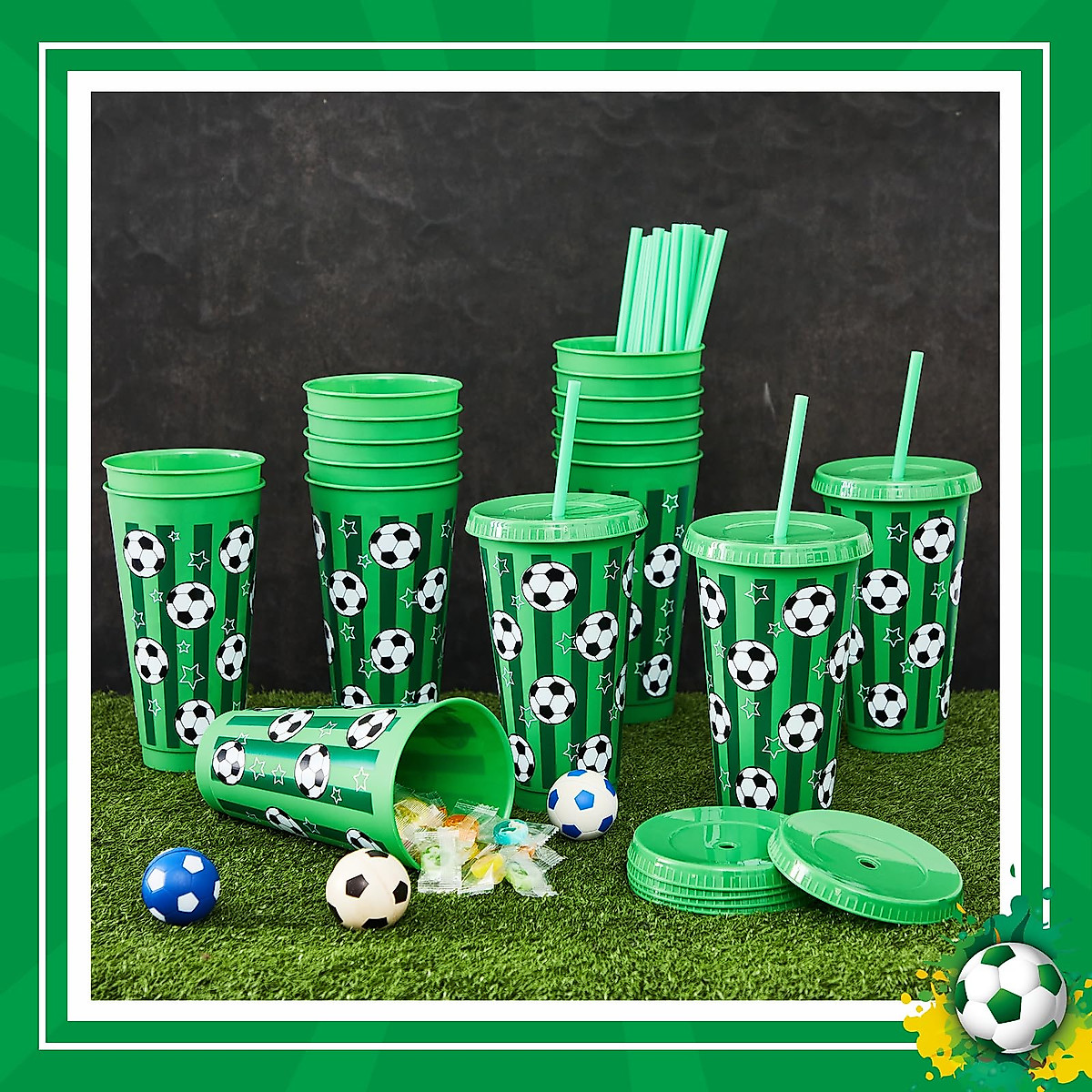 Uiifan 12 Pcs Plastic Soccer Cups 24 oz Reusable Soccer Tumbler with Lid and Straw Soccer Gifts for Coach Boyfriend Soccer Fan Men Women Soccer Party Favors Sports Themed Party Decorations