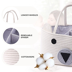 InfiBay Baby Diaper Caddy Organizer, Baby Nursery Storage with Removable Dividers and Sturdy Handles, Cute Bear Basket, Cotton Rope Baby Basket, Portable Diaper Storage Basket