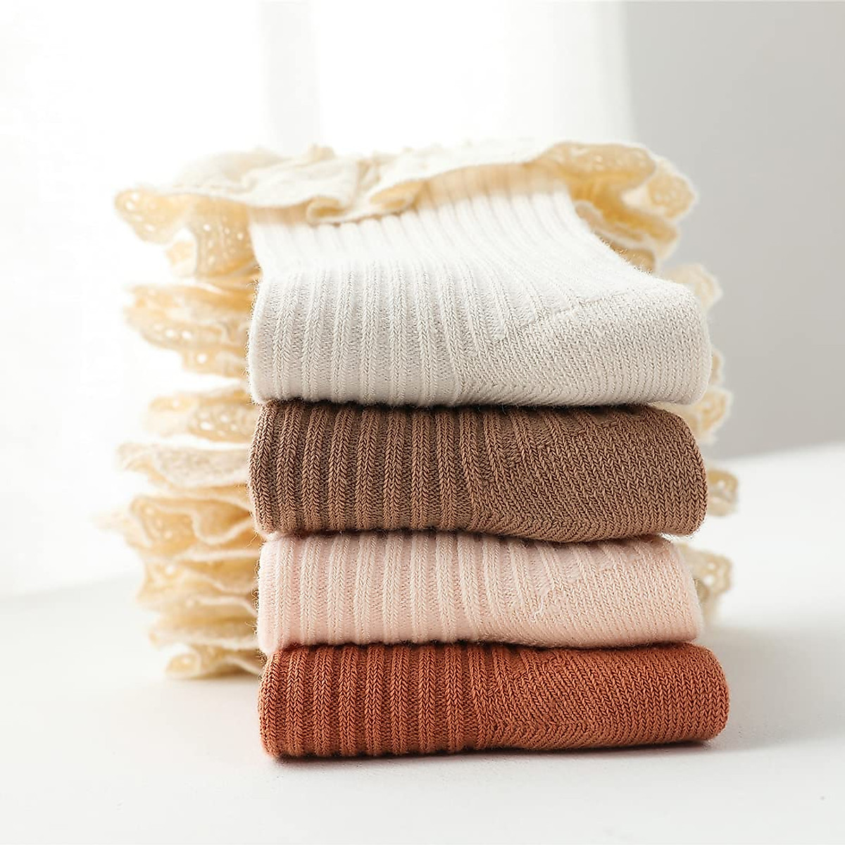 HOUSEYUAN Infant Frilly Baby Girls Knee High Socks White Newborn Thigh Lace Ruffle Long Socks Toddler Tights Stockings 4 Pairs 0-12 Months