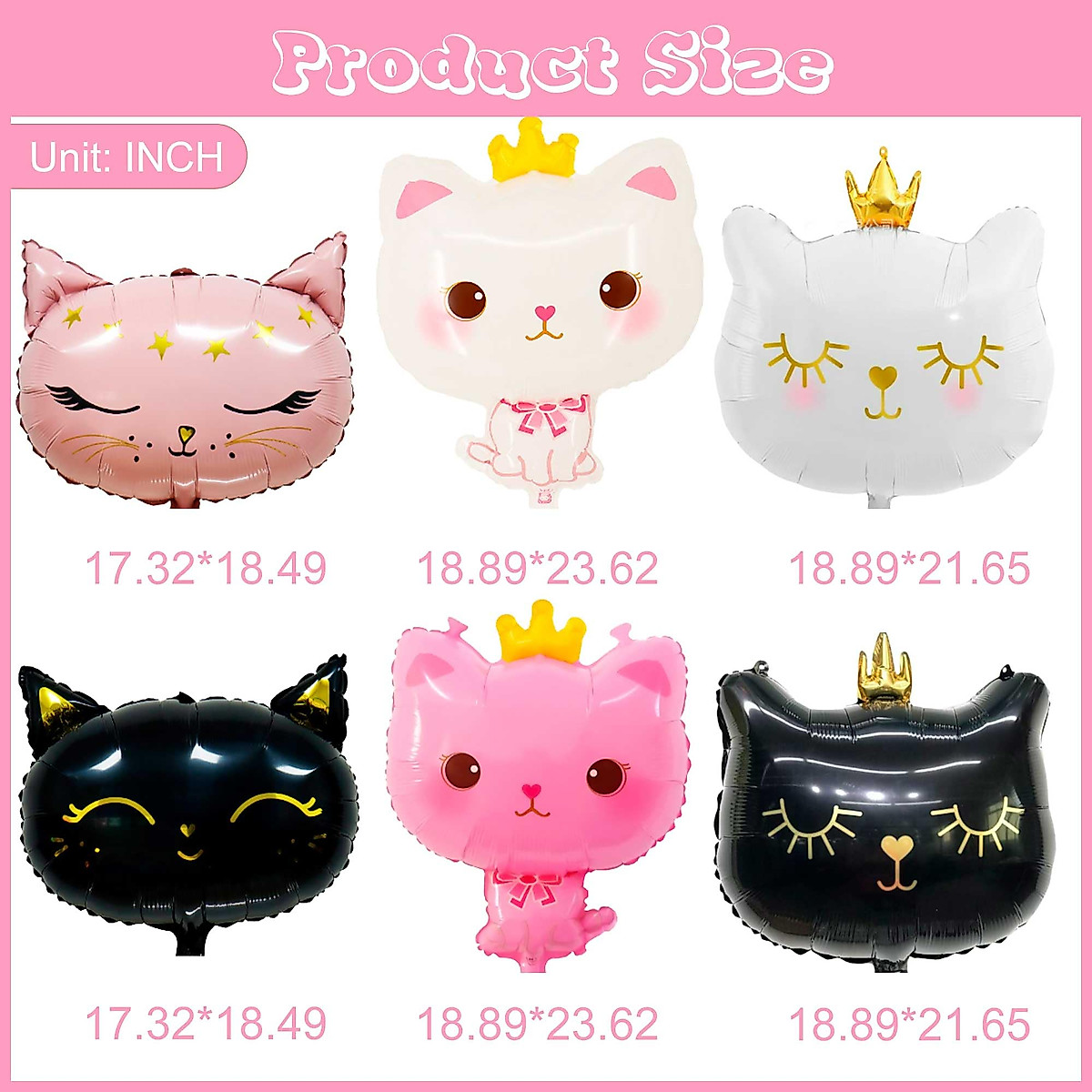 Crown Cat Foil Balloons Cat Balloons Pink White Cute Cat Balloons for Child Kitten Pet Theme Cartoon Baby Shower Wedding Kids Birthday Party Supplies (6pcs)