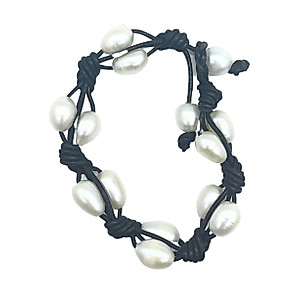 White Pearl on Black Leather Cord Necklace, Bracelet, Earring Set