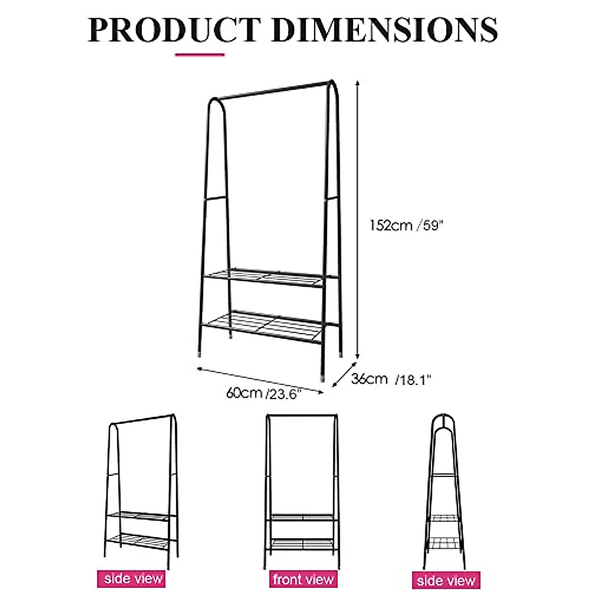 KAREZONINE Clothing Rack, Heavy Duty Clothes Rack Portable Garment Rack with 2-Tier Shelves, Double Rod Metal Coat Rack Freestanding with Bottom Shelves for Shoes Rack Organizer - Black
