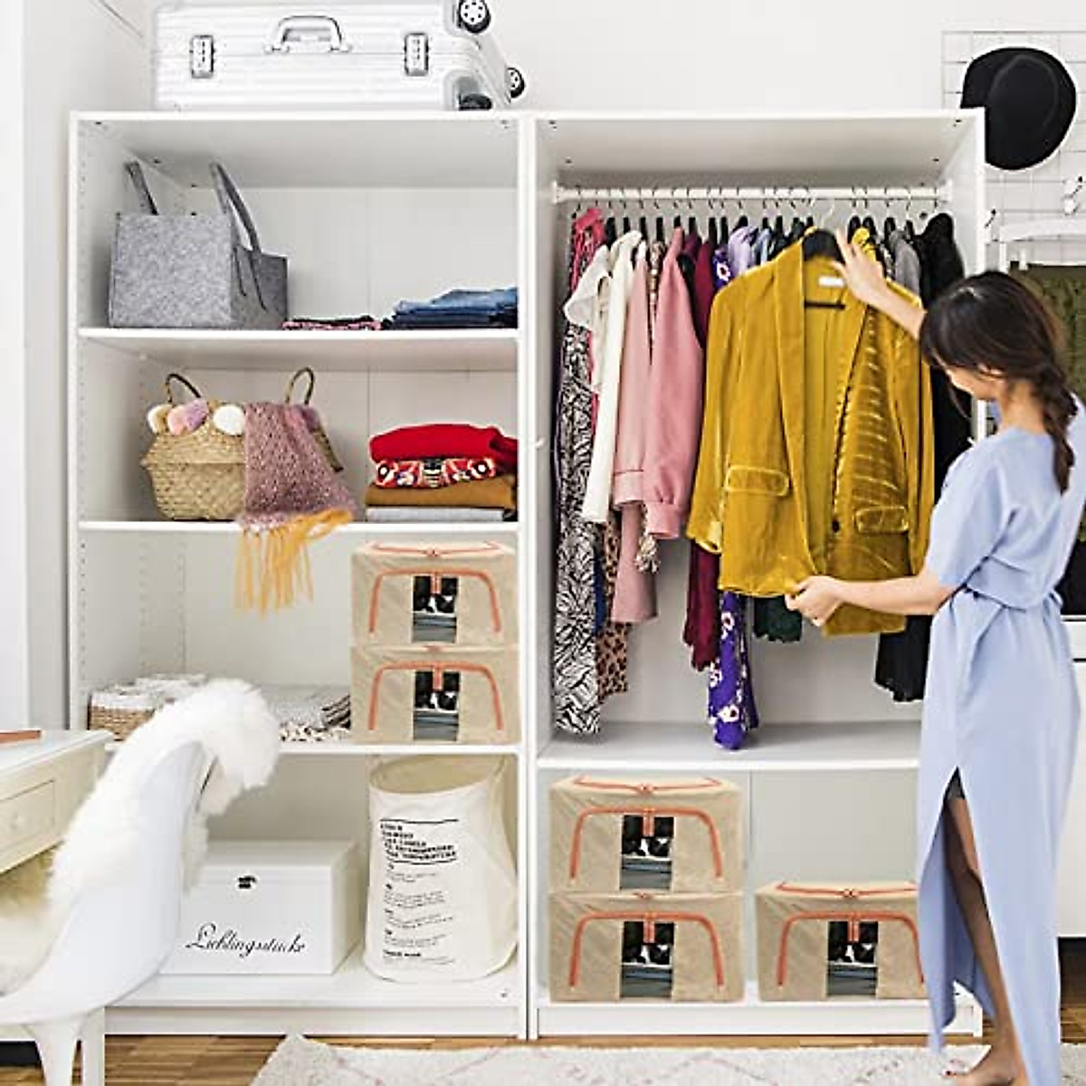 Tasmegol Foldable Clothes Storage Bins Stackable Steel Frame Closet Containers Organizer Bags Linen Cloth Clothing Box for Sweater Bedding Blanket（Beige 3 Pack 100L）