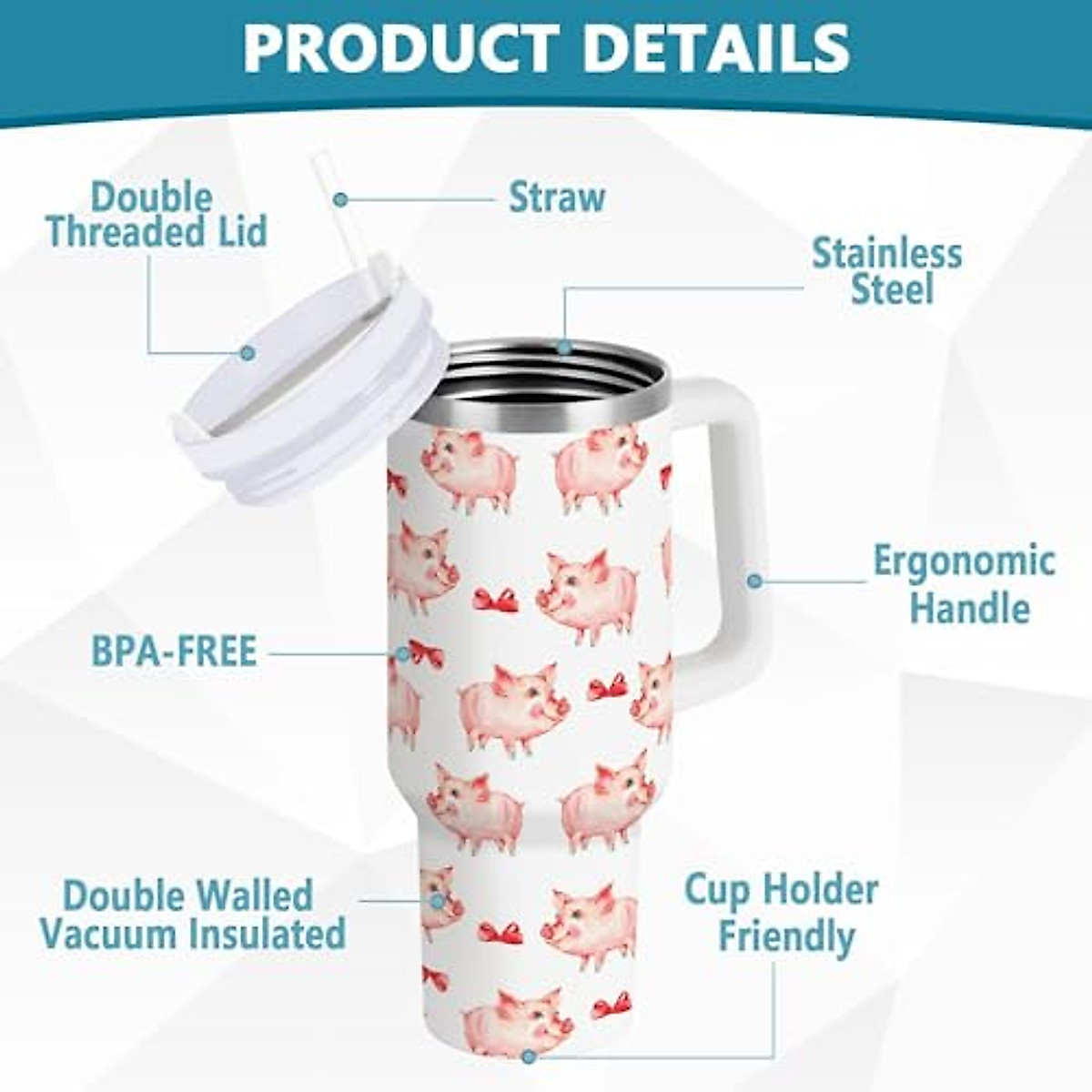Bseiialft 40 oz Tumbler with Handle Cute Pig Bows Water Bottle with Lid and Straw Vacuum Insulated Cup Stainless Steel Travel Coffee Mug for Home Office Car