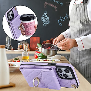 Crossbody Wallet Case for iPhone 15 Pro Max, 15 Pro Max Leather Case with Card Holder RFID Blocking [Wrist Strap], Women Lanyard Handbag Purse Cover Ring Kickstand Purple Case for iPhone 15 Pro Max