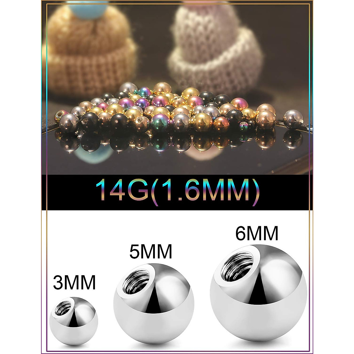 Prjndjw 14G Replacement Piercing Ball Nipple Rings Belly Button Rings Tongue Rings Eyebrow Rings Body Piercing Barbells 316L Stainless Steel Replacement Balls 3MM 5MM 6MM Set 75 Pcs Mixed Color