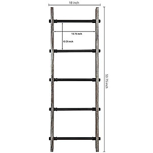 MyGift 4 Ft Torched Wood Farmhouse Blanket Ladder with 5 Matte Black Industrial Pipe Rungs, Wall Leaning Bathroom Towel Ladder Rack