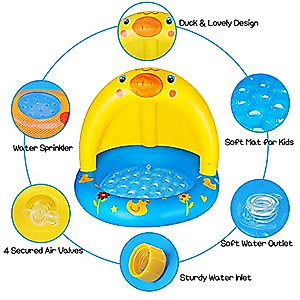 Inflatable Baby Pool with Canopy, Kiddie Splash Duck Pool with Sprinkler Outdoor Water Toys Summer Blow up Swimming Pool Outside Backyard Indoor Gift for Kid Toddlers Boy Girl Age 1-2 1-3 Year Old
