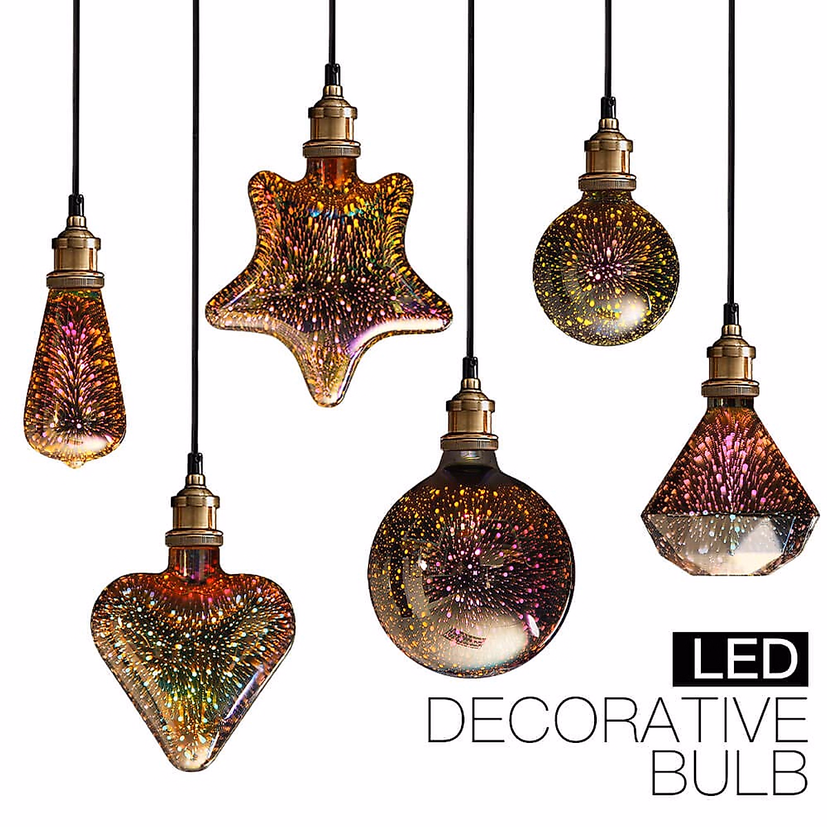 Porseme 3D Fireworks Decorative Light Bulb, E26 Base, 4W, AC100-240V, Glass Bulbs with Soft Warm Light, Shiny Decor for Home, Bedroom, Party (Included 3-Pack ST19 Bulbs)