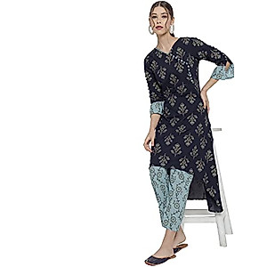 Yash Gallery Women's Cotton Floral Print A-line Kurta Pant Set (Blue)