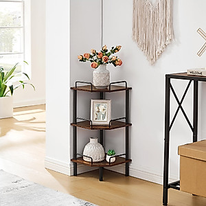 Tajsoon Corner Shelf Stand, 3 Tier Industrial Corner Shelves, Multipurpose Standing Display Shelf, Corner Shelving Unit for Bedroom, Living Room, Office, Kitchen, Rustic Brown