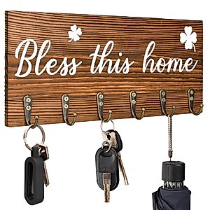 AHYS Key Holder Wall Mount Rustic Bless This Home Wall Decor Key Holder for Wall Key Hanger Key Rack with 6 Key Hooks Wall Key Holder for Entryway Living Room Bedroom - Brown