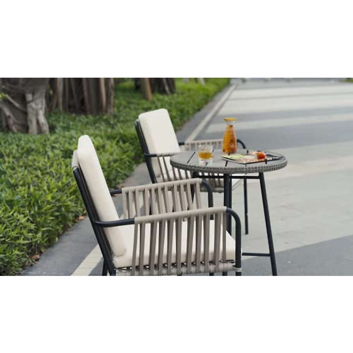 YITAHOME Outdoor Dining Chair Set of 2, All-Weather Rope & Rattan Woven Chairs, Indoor-Outdoor Armchair Seating for Patio, Backyard, Poolside, Balcony - Grey Rattan & Beige Cushion