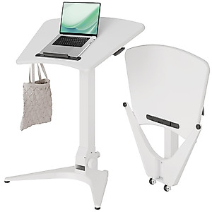 Claiks Mobile Standing Desk, Portable Rolling Standing Desk with Wheels, Pneumatic Height Adjustable Sit-Stand Desk Workstation with 90° Tiltable, Foldable Desk with Non-Slip Computer Stand, White