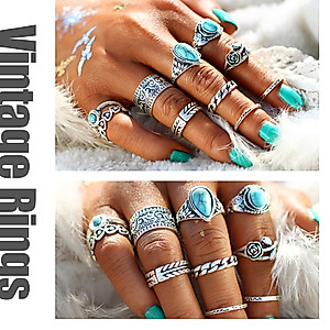 17 MILE 82 Pcs Vintage Silver Knuckle Rings Set for Women, Bohemian Stackable Joint Finger Rings, Retro Stone Crystal Stacking Midi Rings Pack (Silver)