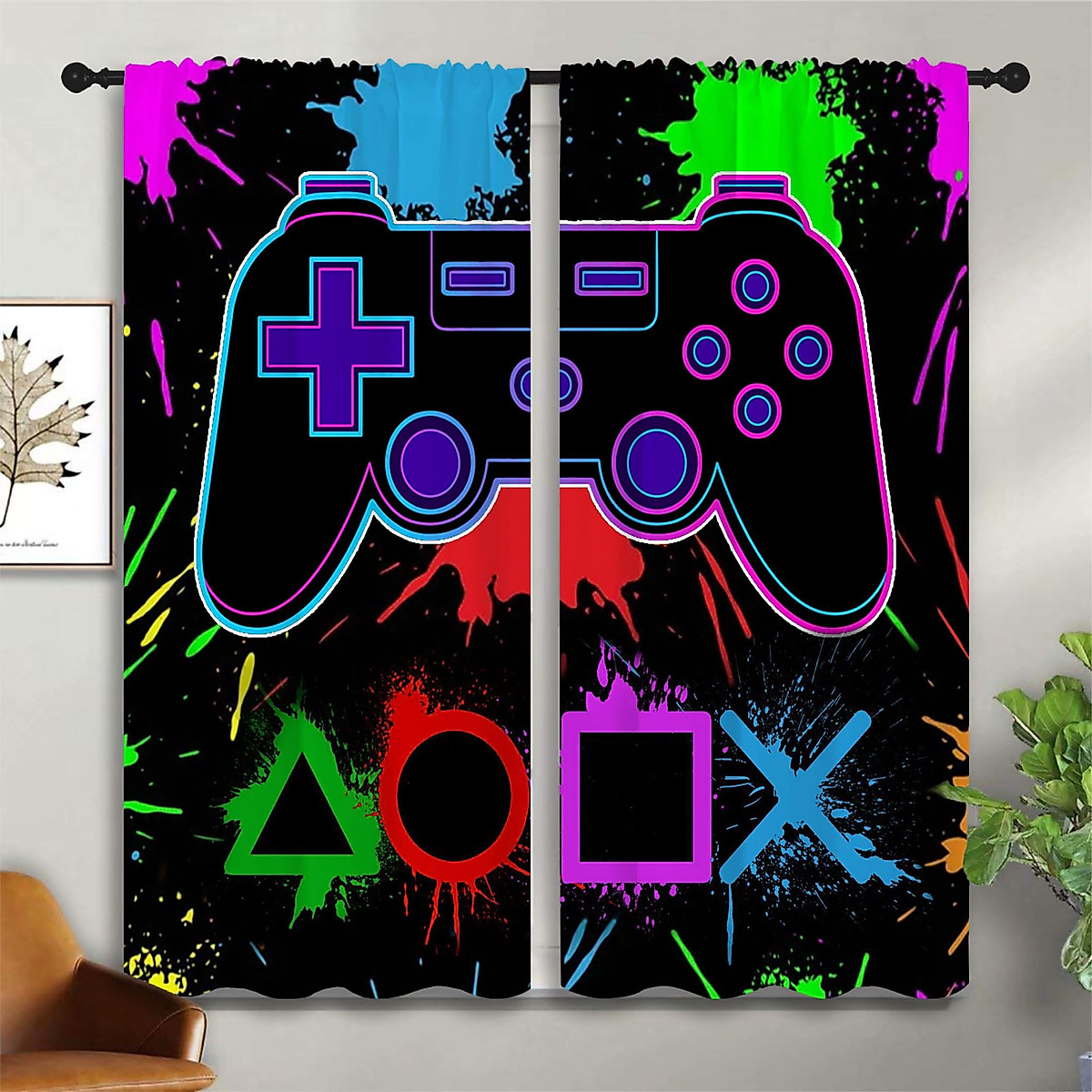 LHROOMJK Gamer Gaming Gamepad Rod Pocket Blackout Curtains for Boy Girl Bedroom, Colorful Splash Art Video Game Controller Thermal Insulated Home Window Drapes for Living Room Darkening, 42x45 inch