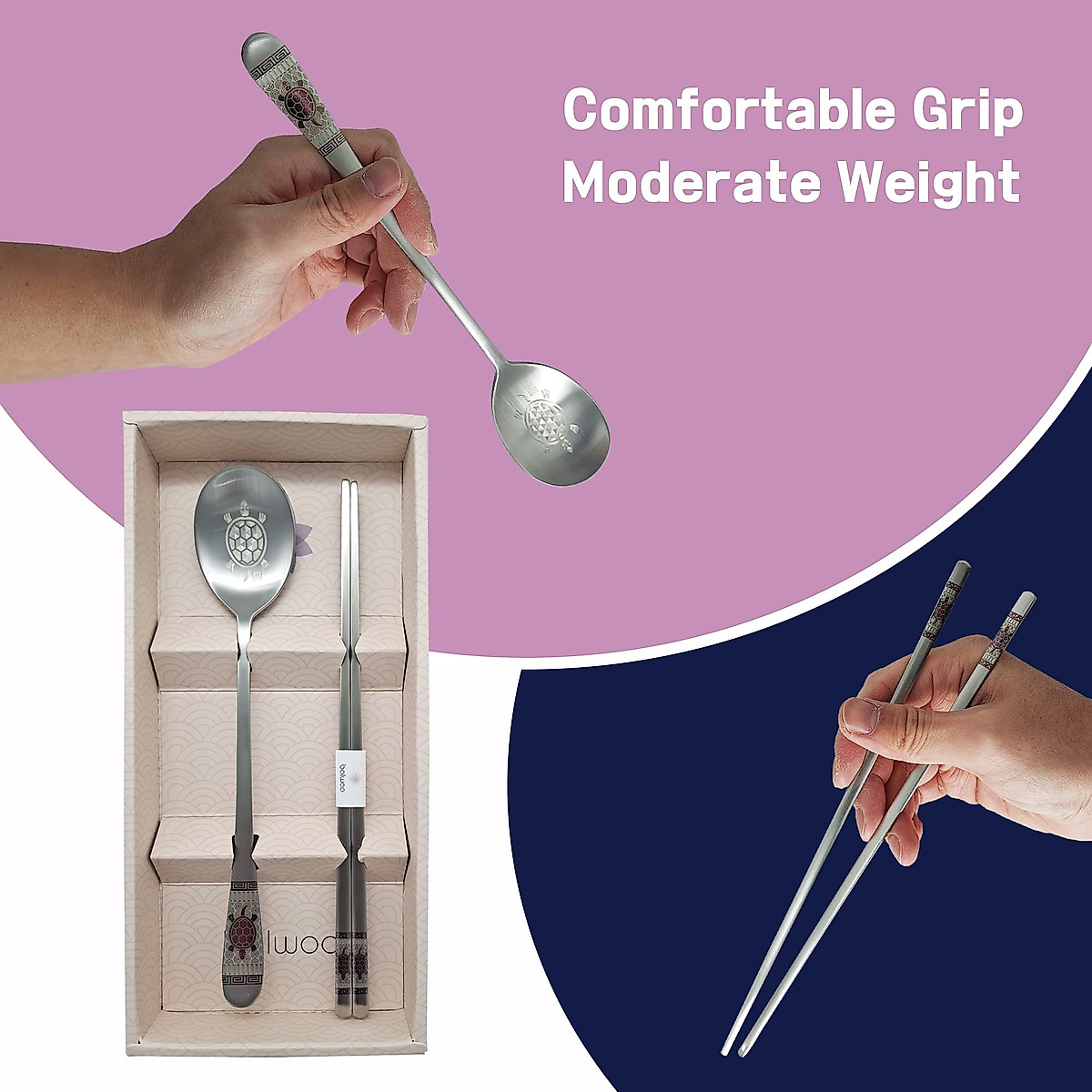 BALWOO [Made in Korea] Hologram Turtle Design Korean Table Sticky Rice Spoon and Chopsticks 304 Stainless Steel Flat Chopsticks Matt Surface Mukbang Cutlery (Red)