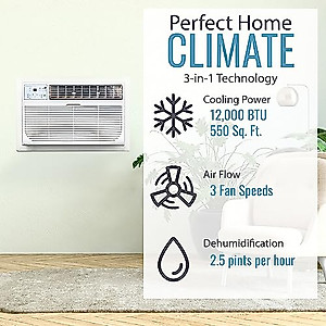 Keystone 12,000 BTU 230V Wall Mounted Air Conditioner & Dehumidifier with Remote Control - Quiet Wall AC Unit for Bedroom, Bathroom, Nursery, Medium Sized Rooms up to 550 Sq.Ft.
