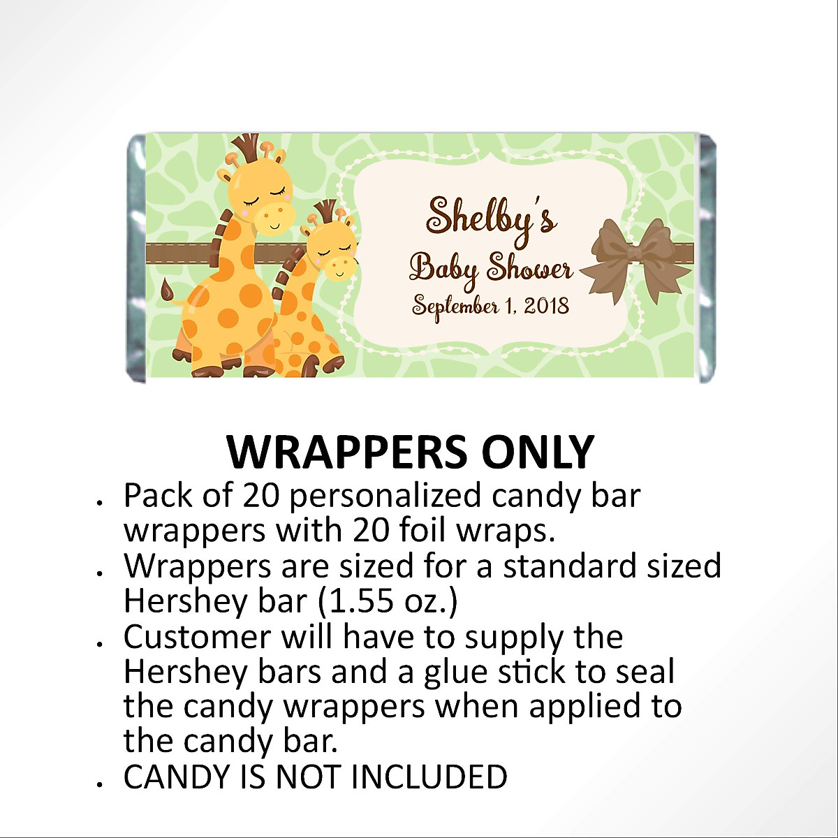 Giraffe Party Favors, Personalized Candy Wrappers, Pack of 20 Custom Chocolate Bar Labels