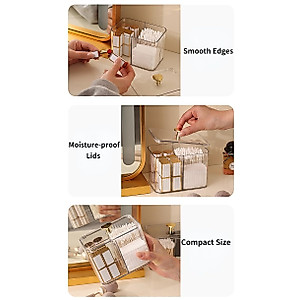 Clear Dispenser for Cotton Ball and Swab Plastic Qtip Holder with Lid Translucent Square Shape Canister 3 compartment for Bathroom Living Room Bedroom Vanity Makeup Organization (Green)