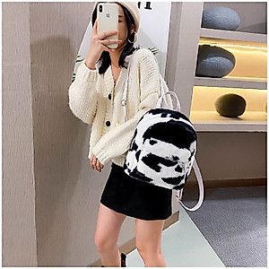 Fluffy Furry Mini Backpack Cow Print Plush Backpack Y2k Sherpa Shoulder Bag with Adjustable Straps (Black-Cow,10.2 * 4.7 * 8.7inch)