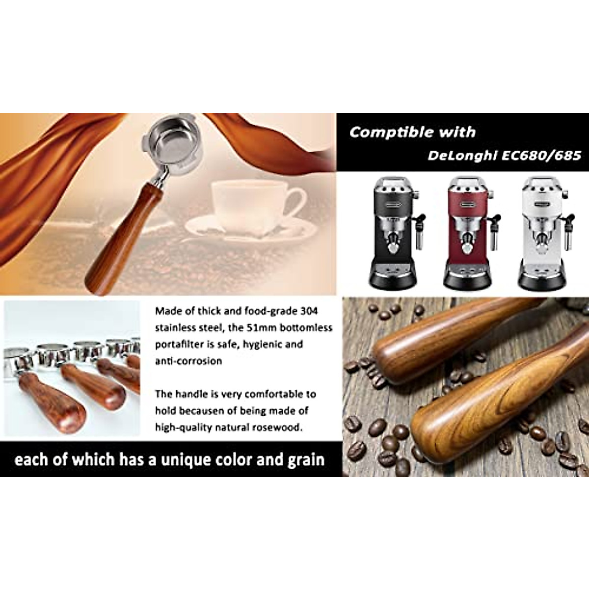 BLUCO 51mm Bottomless Portafilter - 3 Ear Bottomless Naked Portafilter - Fits DeLonghi Dedica EC680/EC685 and SMEG Coffee Machines - Included Filter Basket - Stainless Steel