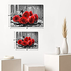 YMYXMC33 Red Rose Flower Picture Decor Wall Art Canvas Print Black and White Poster Country Love Decoration Bedroom Kitchen Bathroom12x15