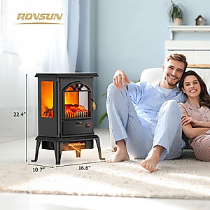 ROVSUN 1500W Electric Fireplace Stove, 22.4" H Freestanding Heater with Remote, Timer, Realistic Flame Effect, Adjustable Temperature, Overheat & Tip-Over Protections for Bedroom Living Room, ETL