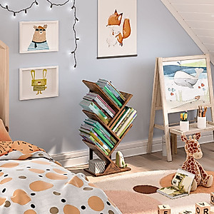 HOOBRO Tree Bookshelf, 5-Tier Bookcase Wooden Shelves, Floor Standing Storage Rack, for Display of CDs, Books in Living Room, Home Office, Wood Storage Rack for Bedroom, Rustic Brown BF04SJ01G1