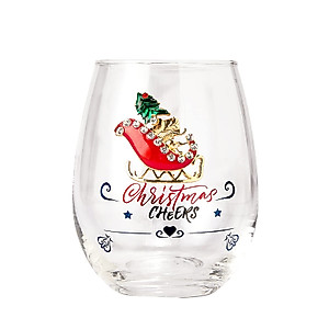 Crystal Christmas Santa's Sleigh Wine & Water Glasses - Set of 2, 17.5oz - Xmas Diamond New Years Santa Holiday Festive Theme Stemless Glass - New Year Holiday Gifts for Men Women Friend Family