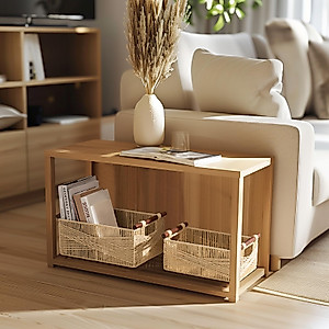 La Jolie Maison Beige Wicker Storage Baskets for Organizing, Recyclable Paper Rope Rectangular Baskets with Wood Handles, Decorative Hand Woven Basket Bins for Shelves, Set of 2