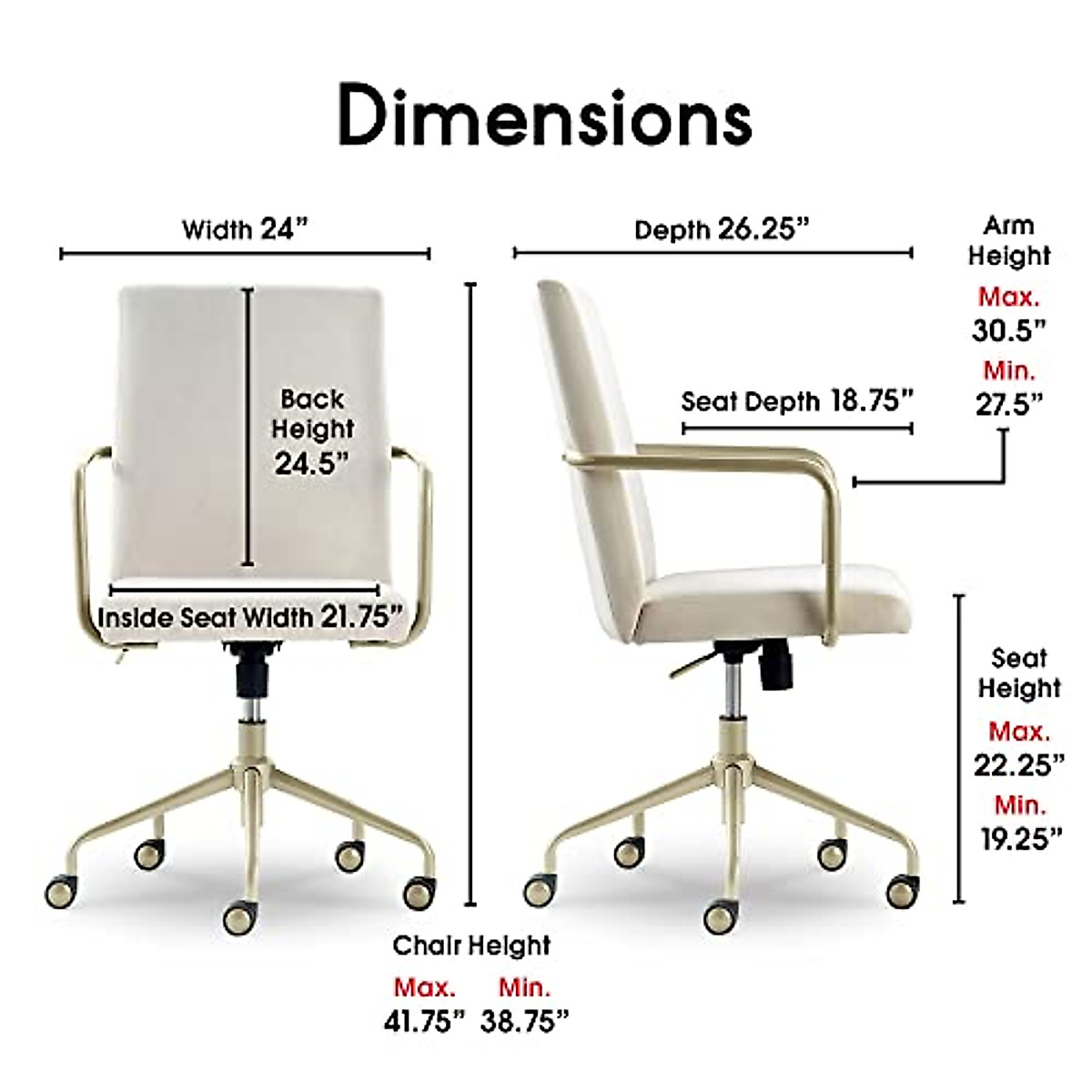 Elle Decor Giselle Modern Home Office Desk Chair, High Back Adjustable Computer Chair with Gold Arms, Base and Wheels, Velvet Fabric, Cream