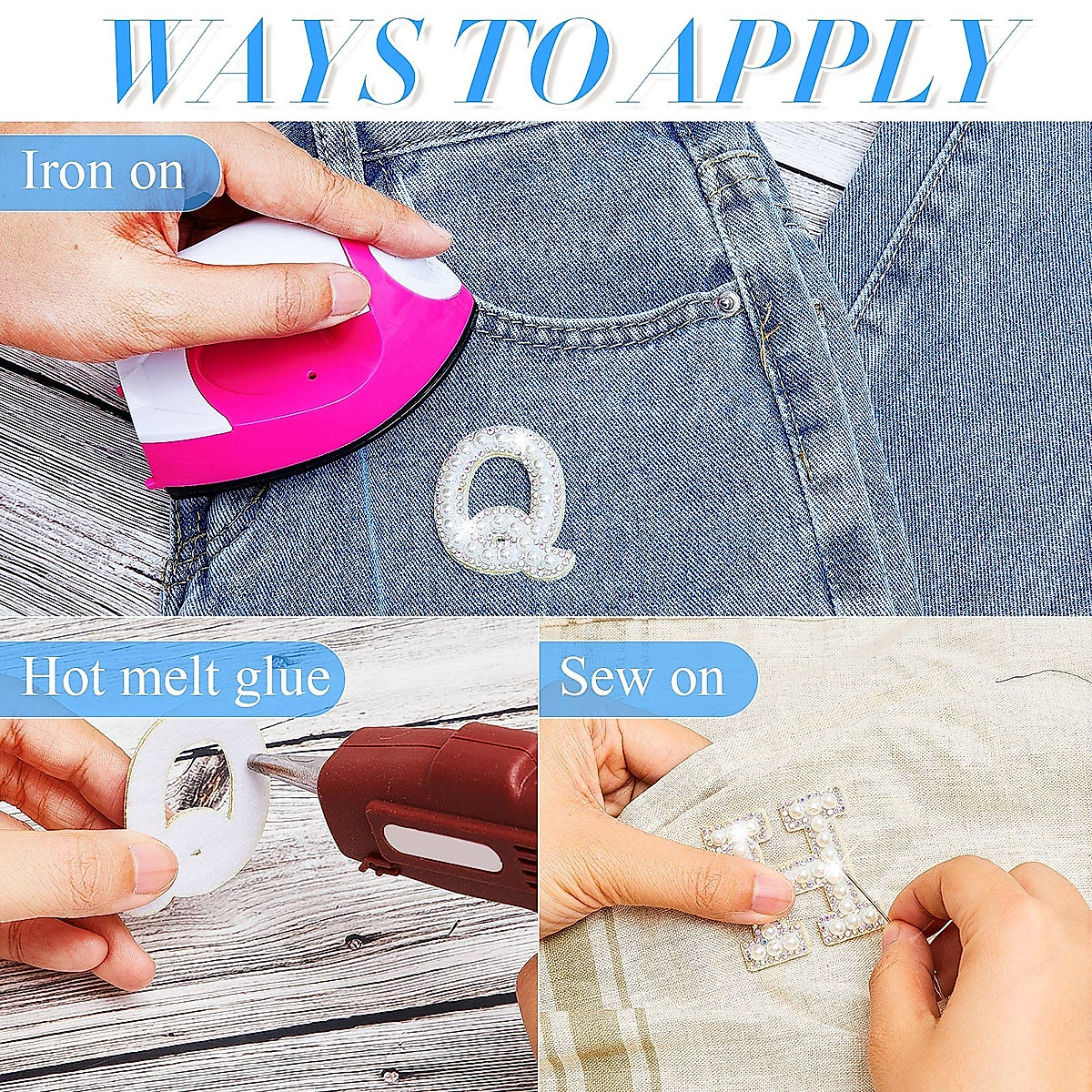 26 Piece Pearl Iron on Letter A-z White Rhinestone Pearl Bling Letter Patch Glitter Sew on Alphabet Applique Rhinestone Pearl English Letter for DIY Craft Supplies(White,1.85 Inch High)