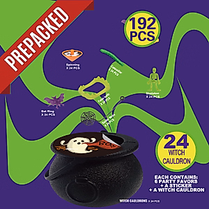192PCS Halloween Party Favors 24 Packs Refilled Small Plastic Witch Cauldron With Assorted Halloween Toys In Bulk Trick or Treat Miniatures for Classroom Students Exchange Halloween Carnival Prizes
