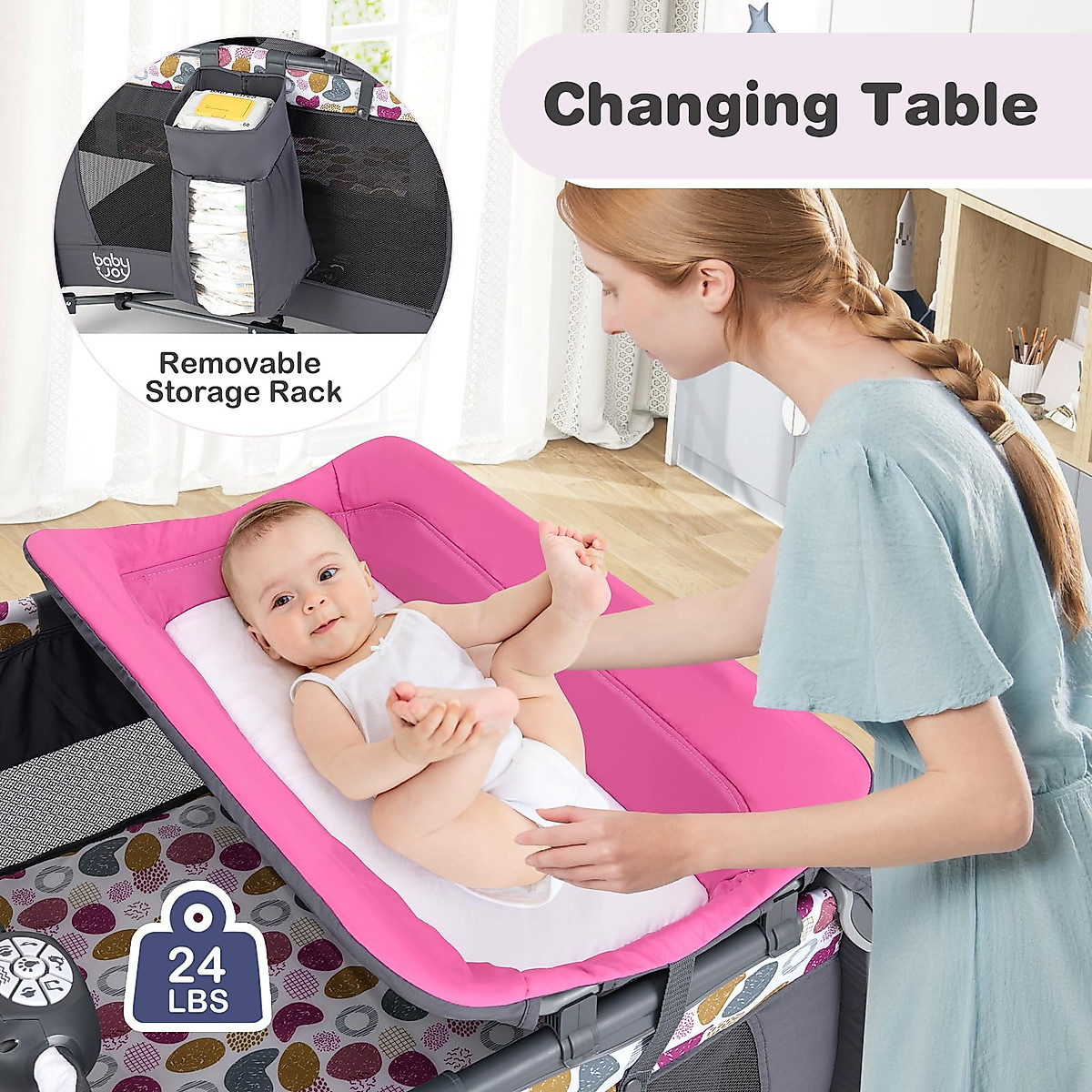 BABY JOY 5 in 1 Pack and Play, Portable Baby Playard w/Bassinet & Diaper Changing Table, Infant Nursery Center Pink Bassinet with Toys & Music & Oxford Bag for Baby Girl Toddlers (Rose, Dot Circle)