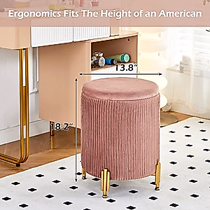 Mxfurhawa Round Ottoman Foot Stool with Storage and Metal Legs for Living Room Bedroom, Velvet Upholstered Footrest Stool Support 300lbs Modern Padded Seat Ottoman Coffee Table (Dusty Rose)